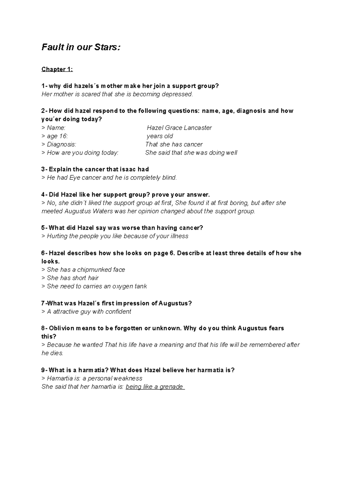 Fault in Our Stars: Chapter Summaries and Character Analysis - Studeersnel