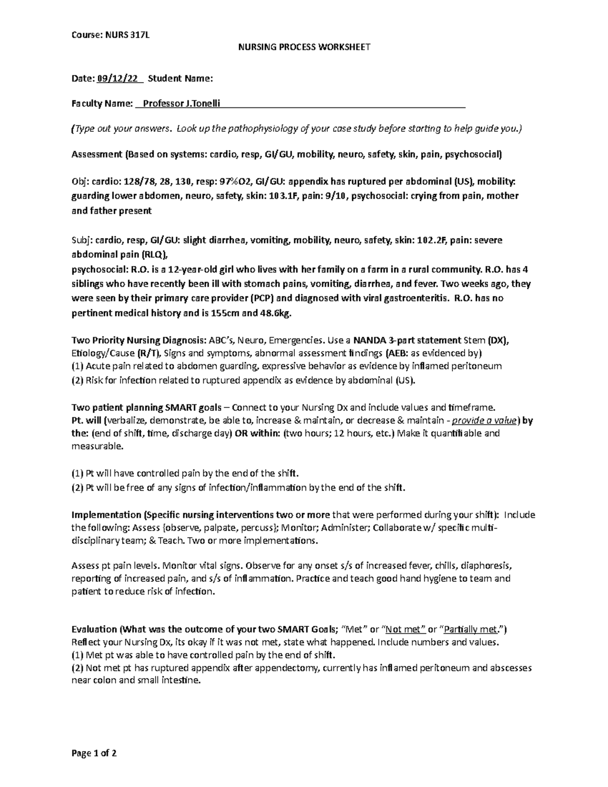 NURS 317L - Nursing Process Worksheet - Course: NURS 317L NURSING ...