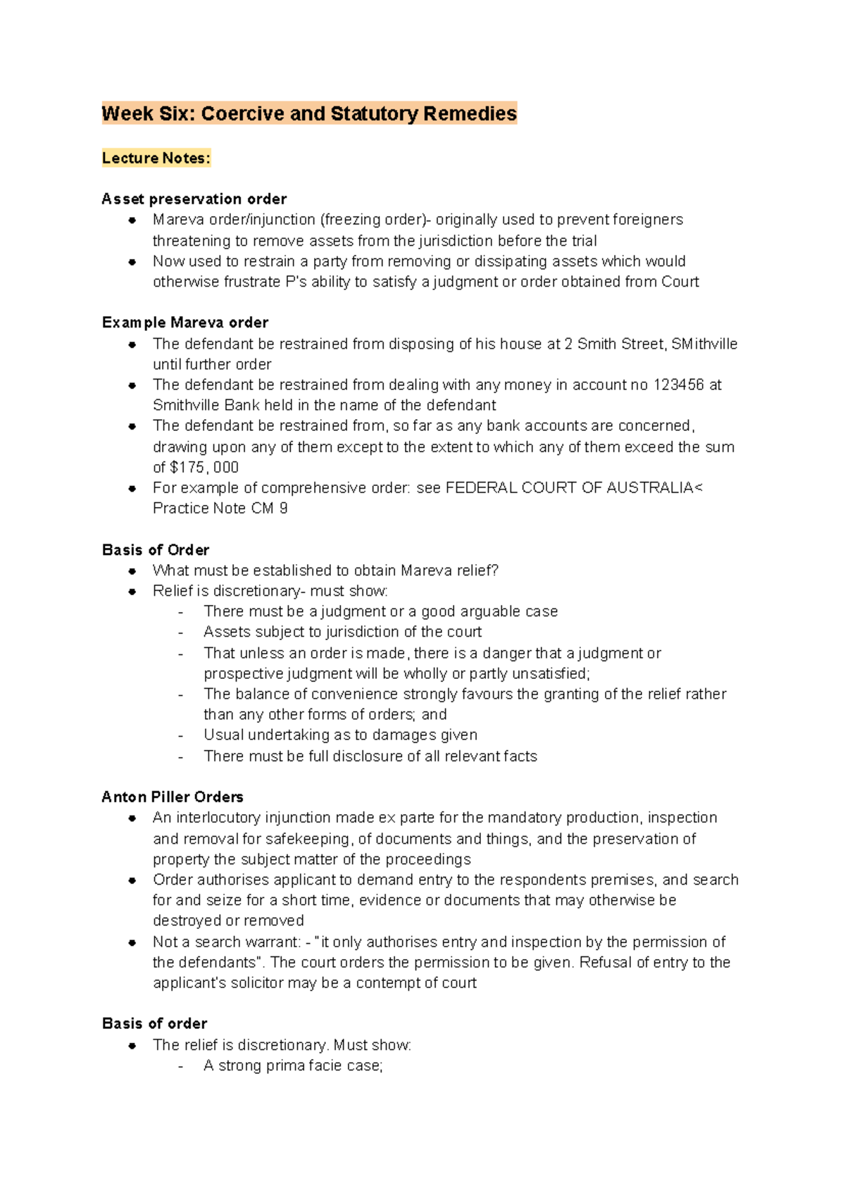 Remedies in Law: Week 6 Lecture Notes on Coercive & Statutory Relief ...