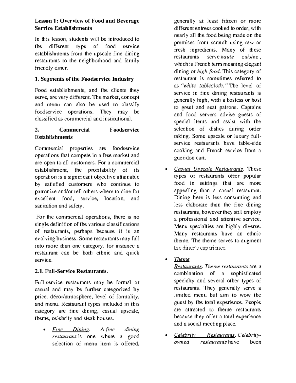 Fundamentals of Food Service Ops: Overview & Establishment Types - Studocu