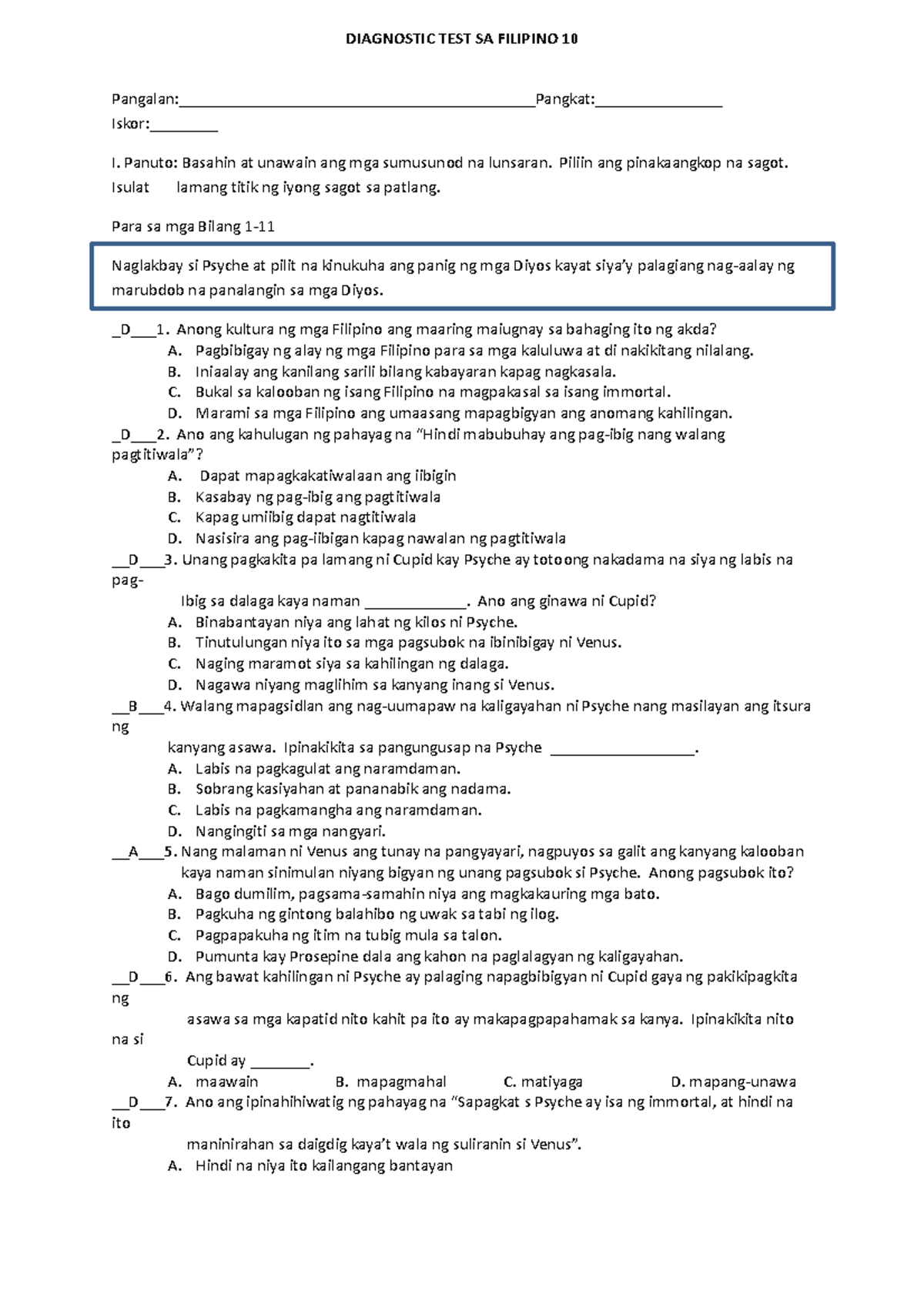 DT Filipino 10 With Answer Key - DIAGNOSTIC TEST SA FILIPINO 10 - Studocu