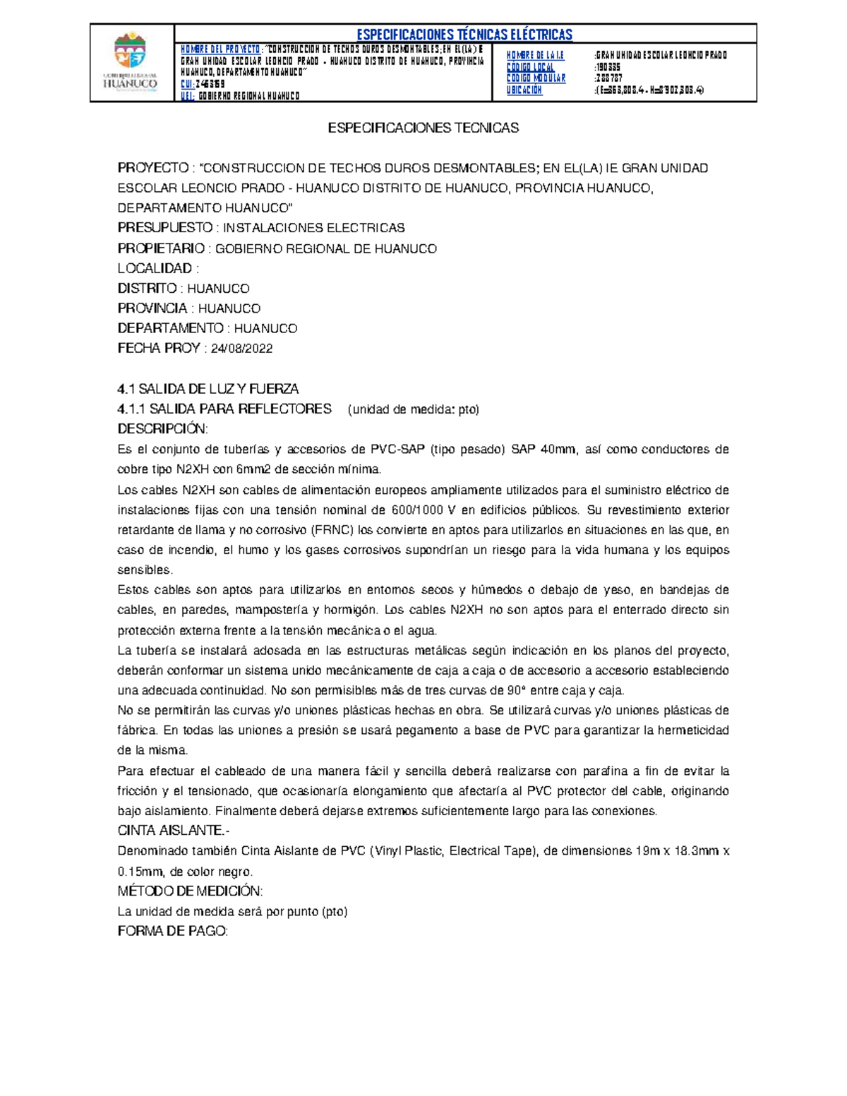 ESPECIFICACIONES TÉCNICAS ELÉCTRICAS - PROYECTO TECHO DURO IE 2463159 - Studocu