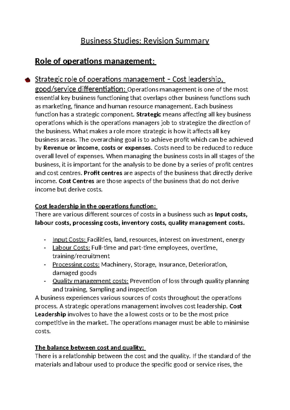 Operations -Summary Revision - Business Studies: Revision Summary Role ...