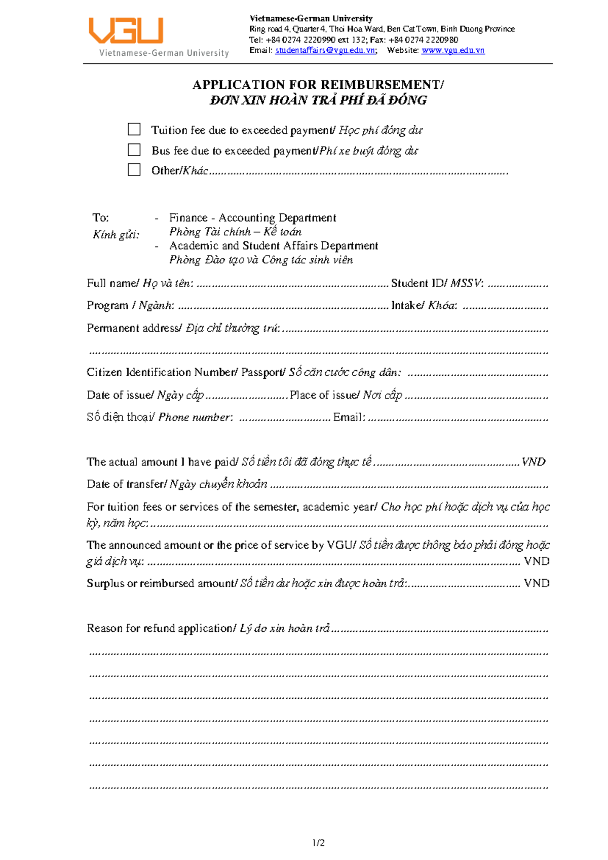 VGU Fee Reimbursement Application Form Update - Updated Version - Studocu