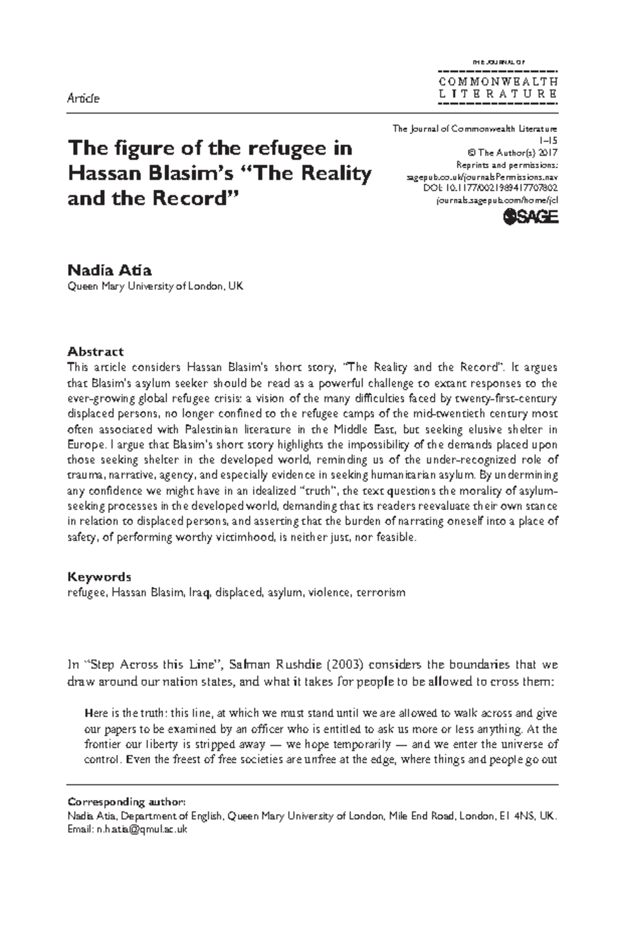 Refugee Narratives in Hassan Blasim's "The Reality and the Record ...