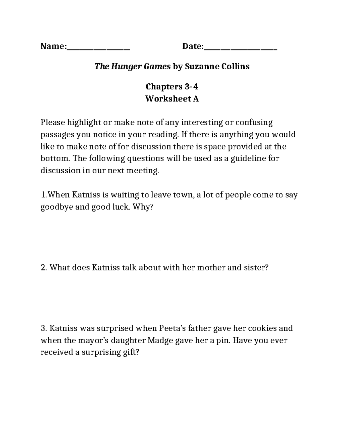 Chapter 3 & 4 Questions Worksheet A - The Hunger Games - Studocu