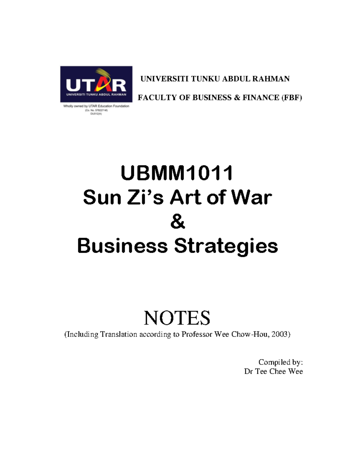 UBMM: Sun Zi's Art of War & Business Strategies Notes - Studocu