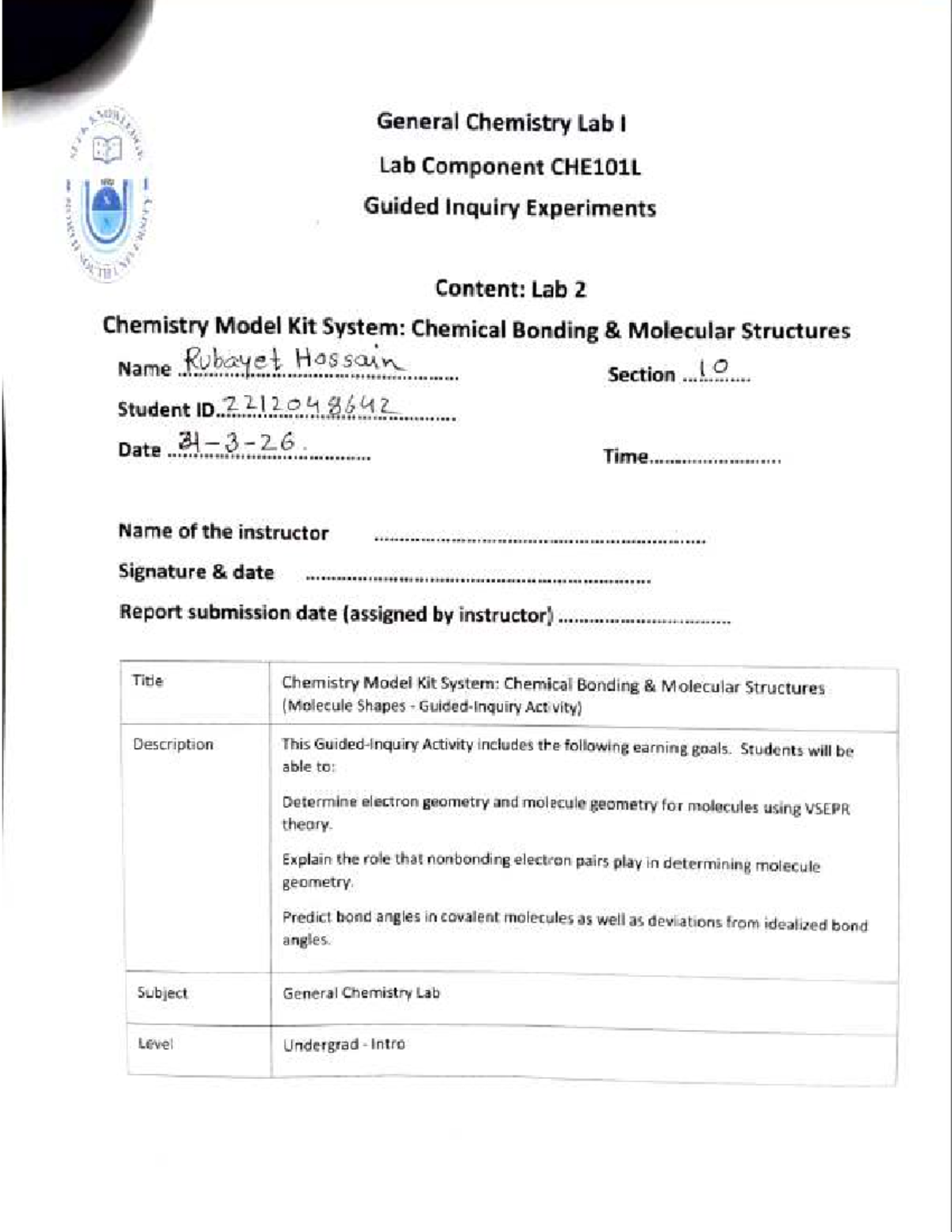 Chem101L - Guided Inquiry Lab on Chemical Bonding & Molecular ...