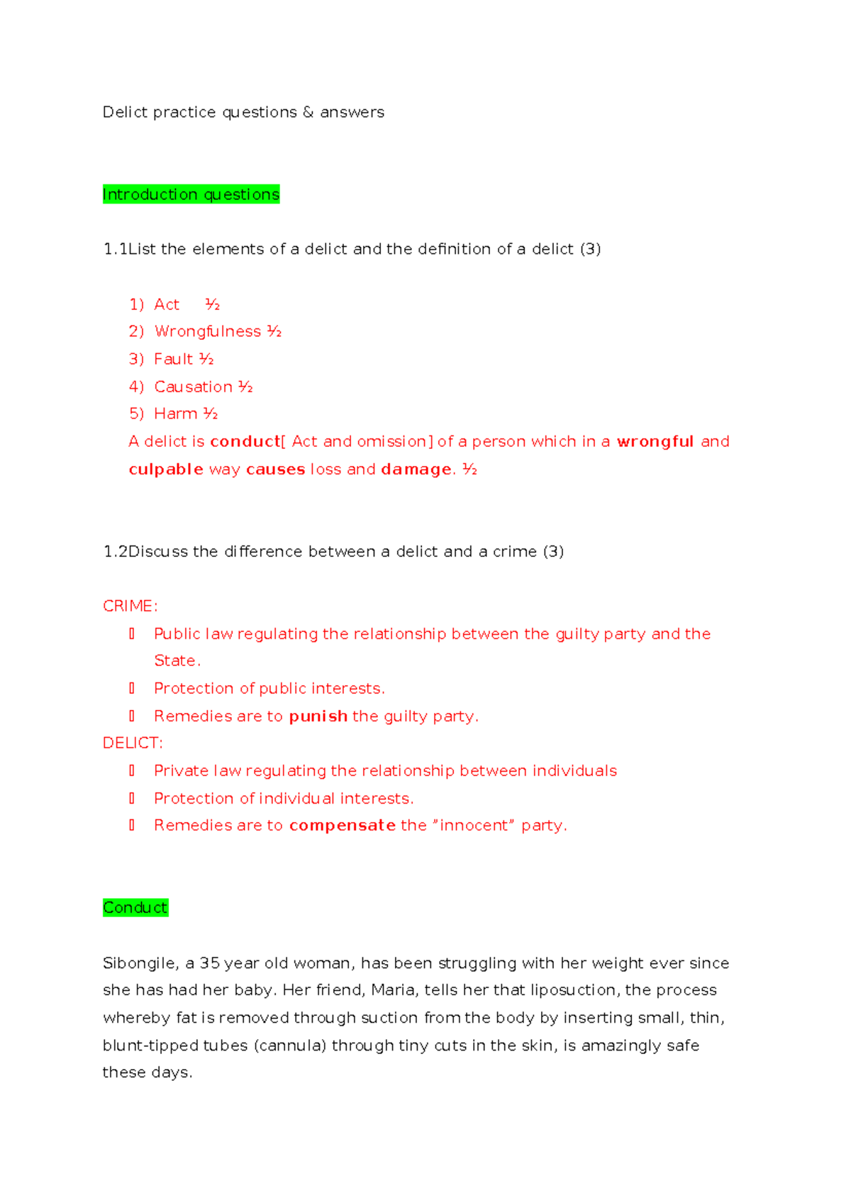 Delict Law Practice Questions & Answers for Law 101 - Studocu