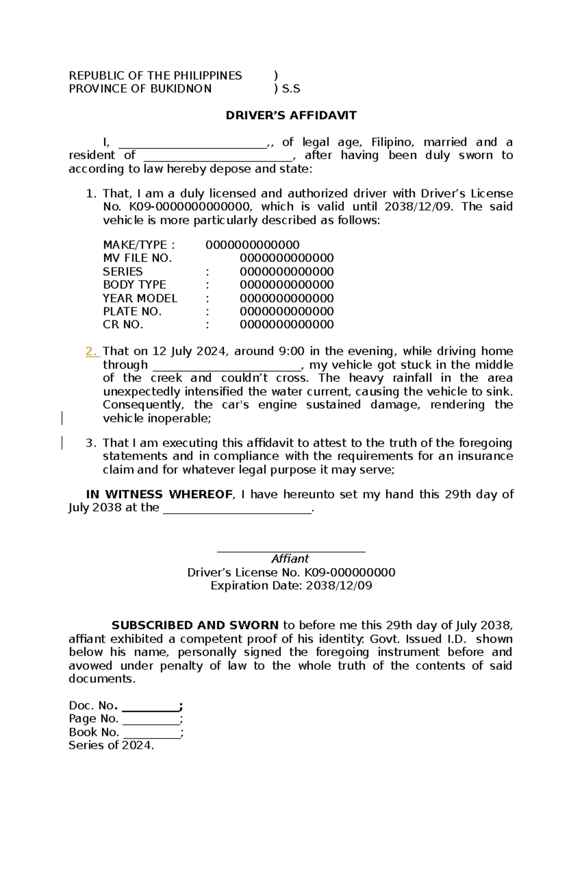 Driver's Affidavit for Insurance Claim - Notary Required - Studocu