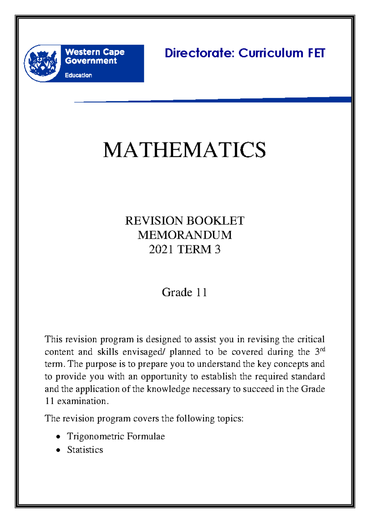 GR 11 MATHEMATICS TERM 3 REVISION MEMO ANSWERS 2021 - Studocu