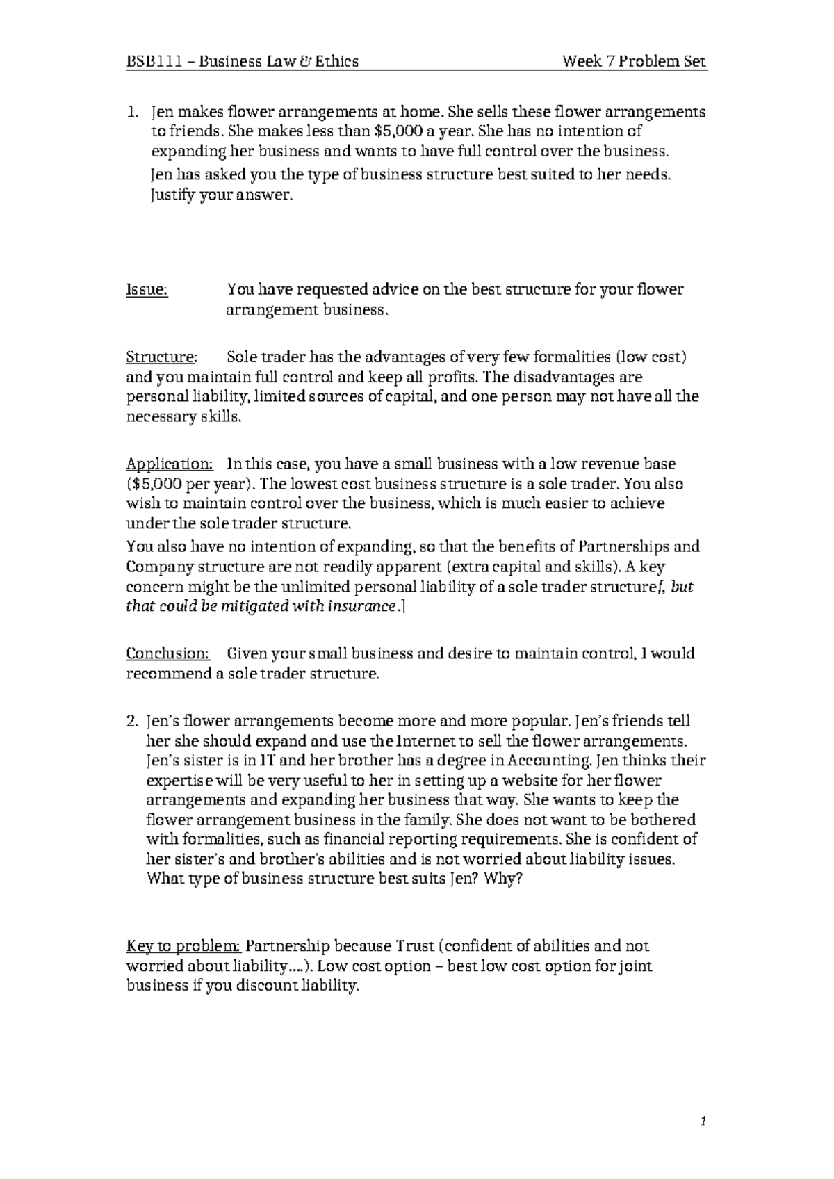 22S1 BSB151 Business Law Ethics Week 7 Problem Set Solutions - Studocu