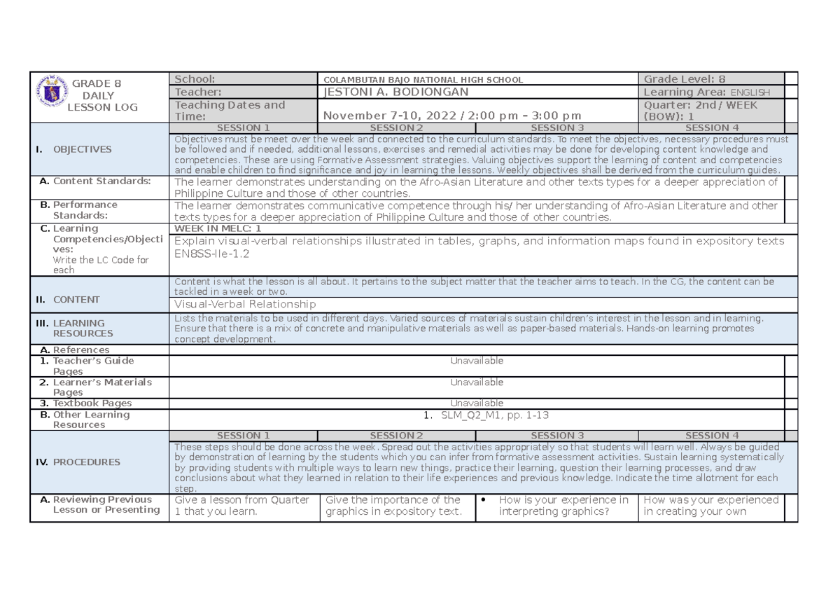 ENG8 Q2 W1 - DLL - GRADE 8 DAILY LESSON LOG School: COLAMBUTAN BAJO ...