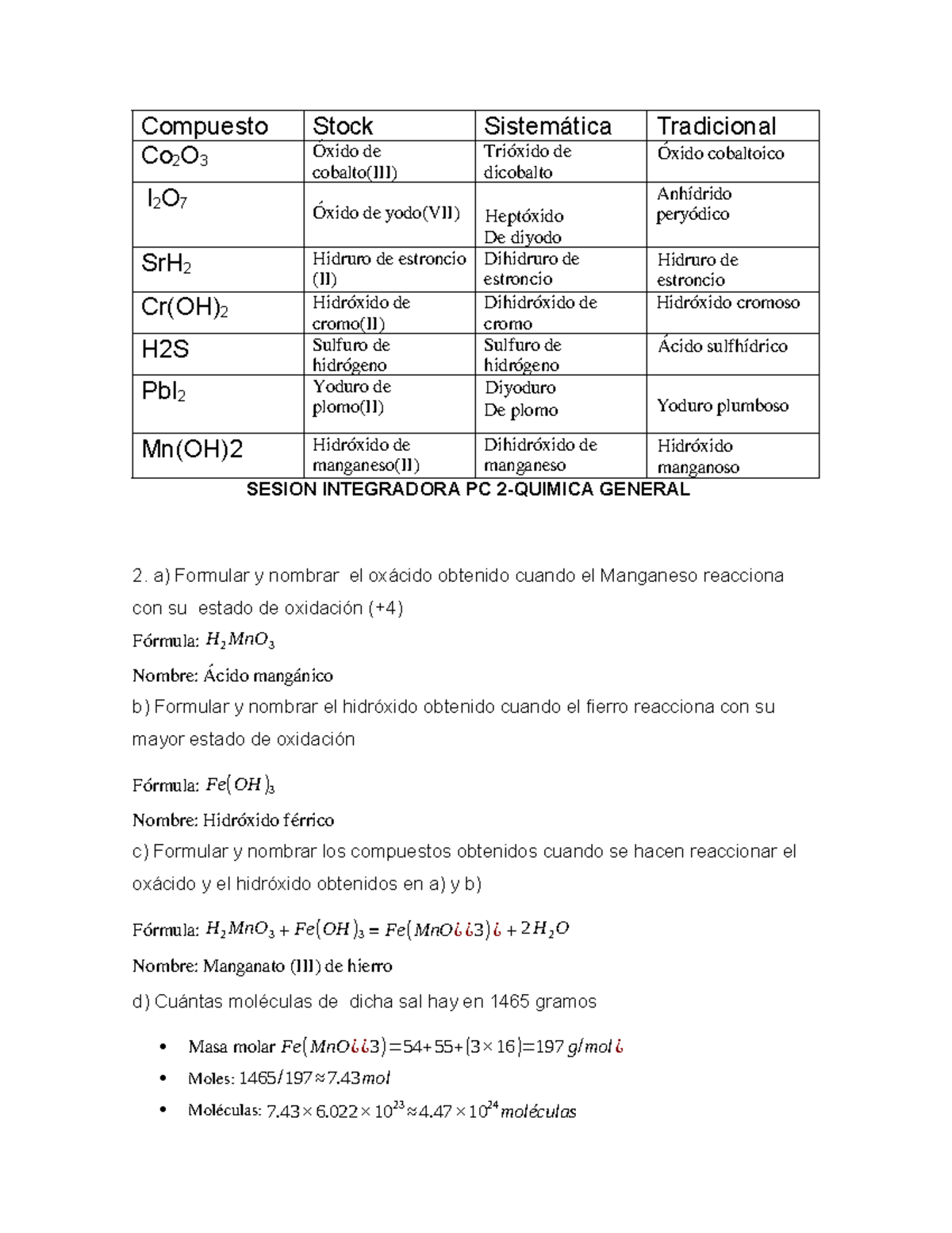 Compuestos Inorgánicos y Nomenclatura - SESIÓN INTEGRADORA PC GENERAL 2 - Studocu