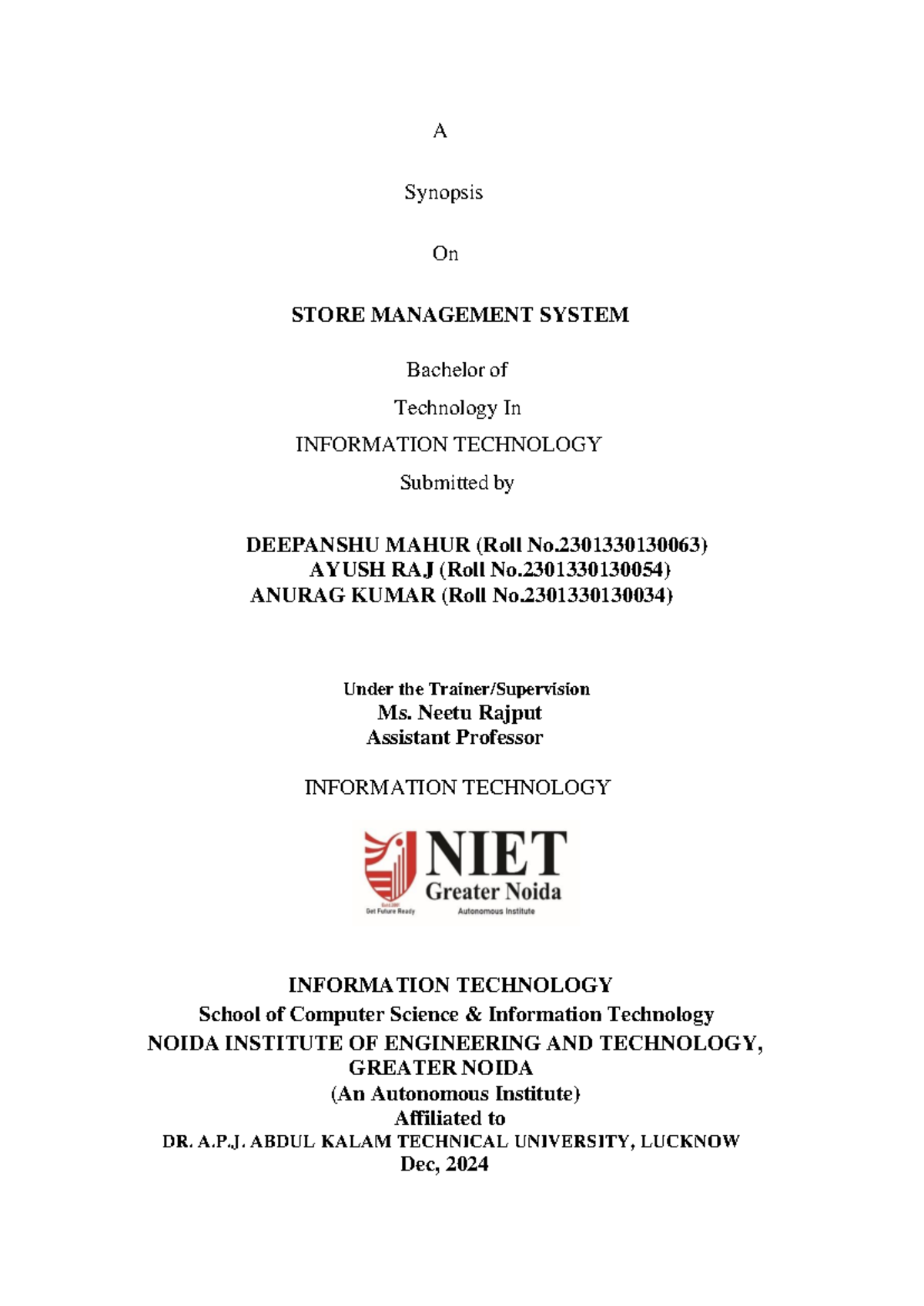 A Synopsis on STORE MANAGEMENT SYSTEM for B.Tech in IT - 2024 - Studocu