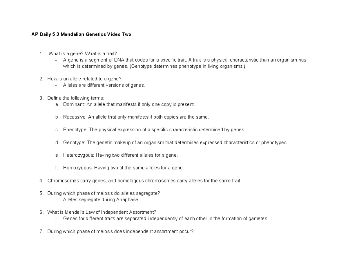 Mendelian Genetics Topic Notes - AP Daily 5 Mendelian Genetics Video ...