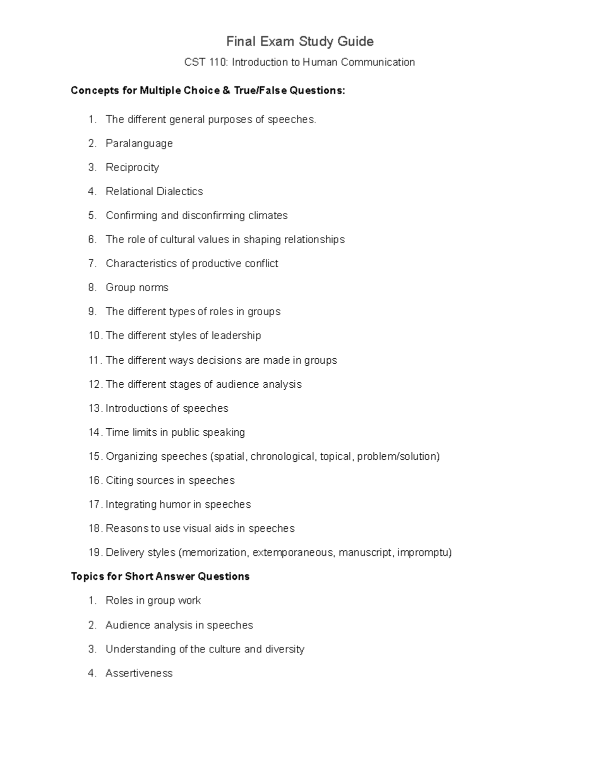 CST 110 Final Exam Study Guide: Key Concepts in Human Communication ...
