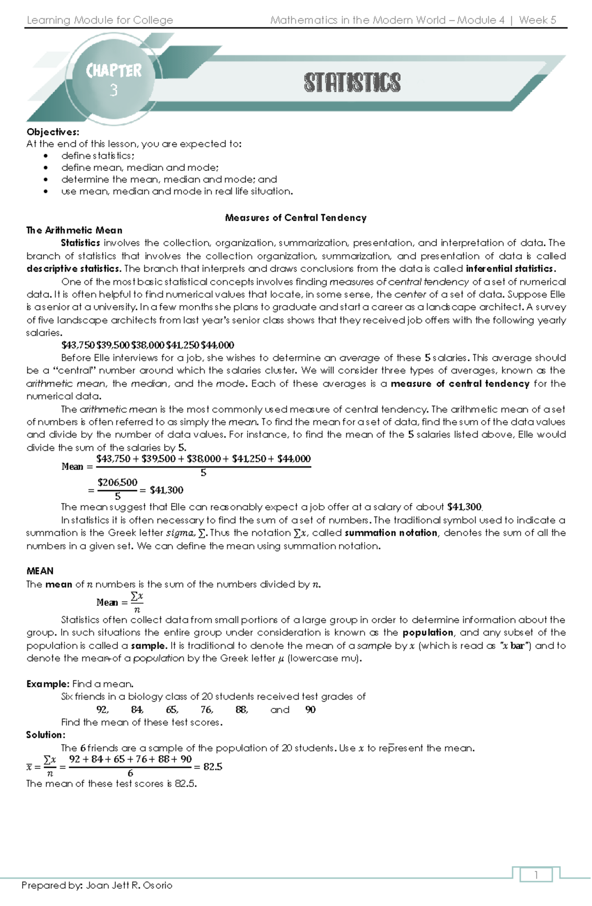 MMW- Module 4-Statistics - Learning Module for College Mathematics in ...