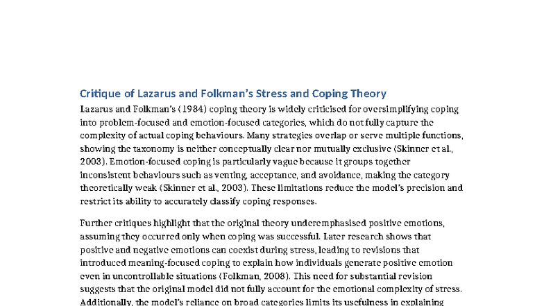 Critique of Lazarus & Folkman's Stress and Coping Theory - Studocu