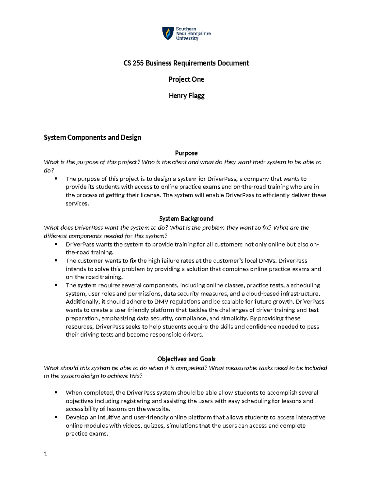 CS 255 Project 1 - Business Requirements Document for DriverPass - Studocu