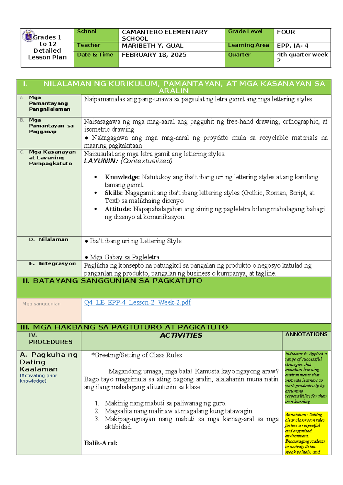 EPP 4 Detailed Lesson Plan: Lettering Styles for Grade 4 - Studocu