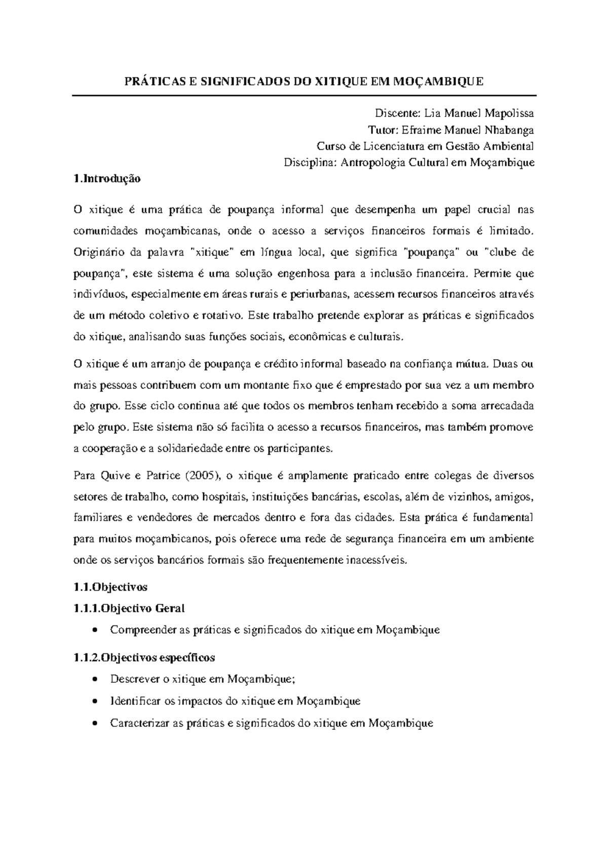 Práticas e Significados do Xitique: Trabalho de Antropologia Cultural ...