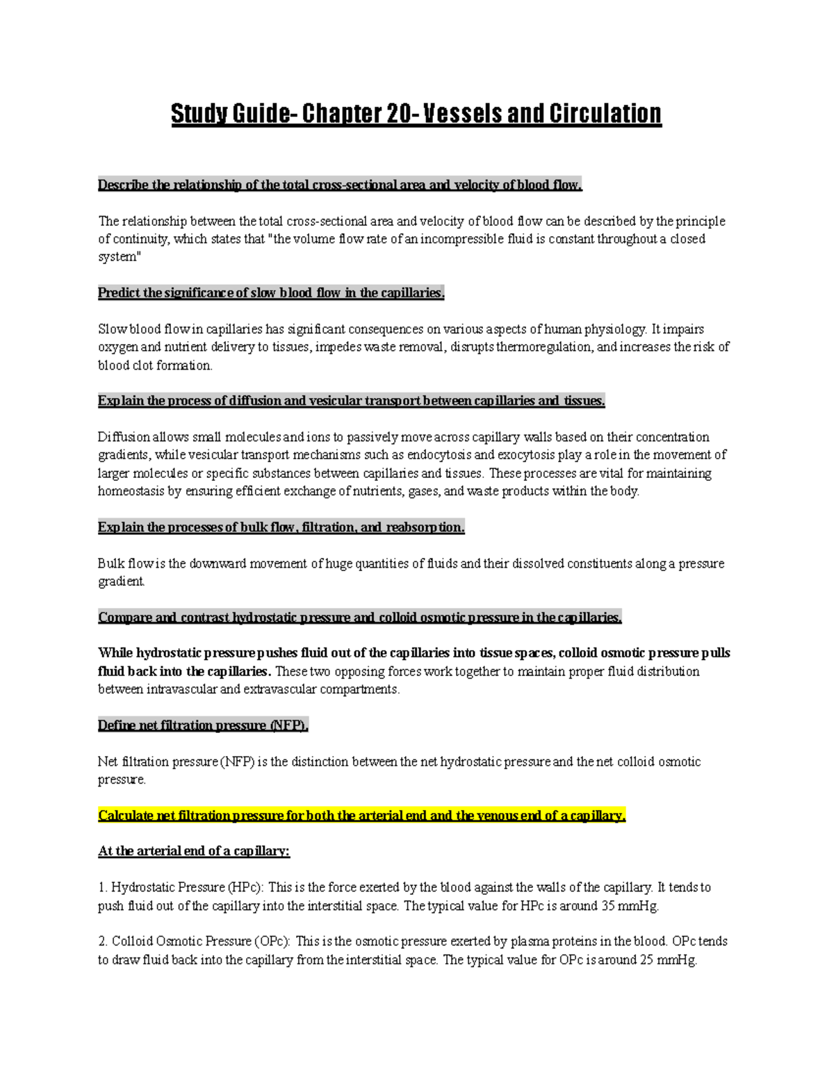 Study Guide- Chapter 20- Vessels - The relationship between the total cross-sectional area and ...