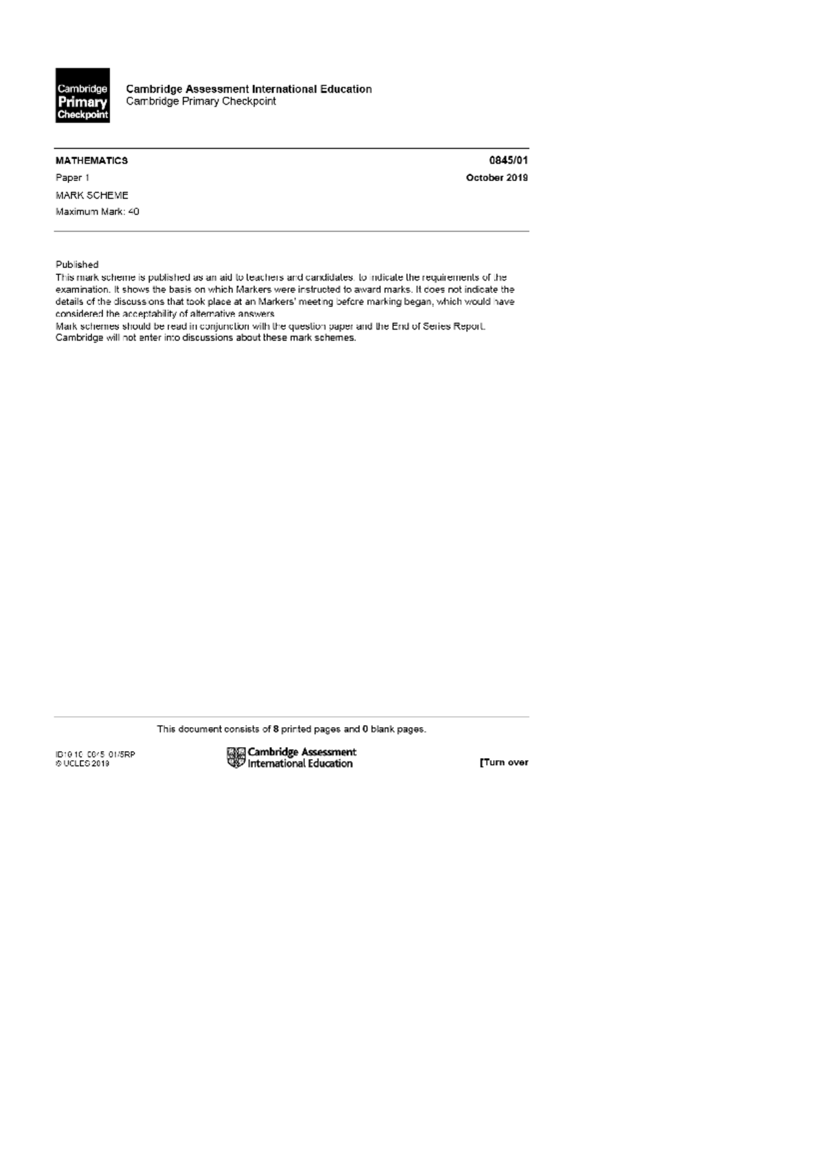 Cambridge Primary Checkpoint Mathematics Mark Scheme MS Oct 2019 P1 ...