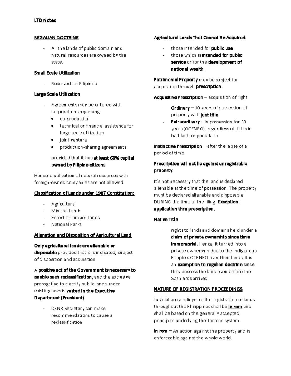 LTD-Notes - notes - REGALIAN DOCTRINE All the lands of public domain ...