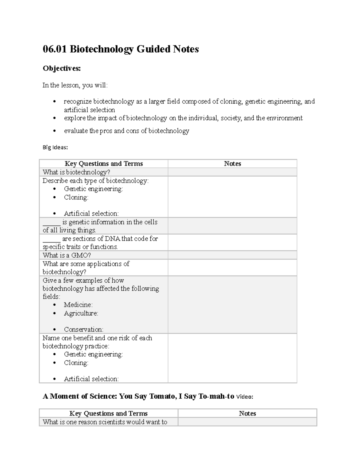 06.01 Biotechnology Lesson Notes: Key Concepts and Impacts - Studocu
