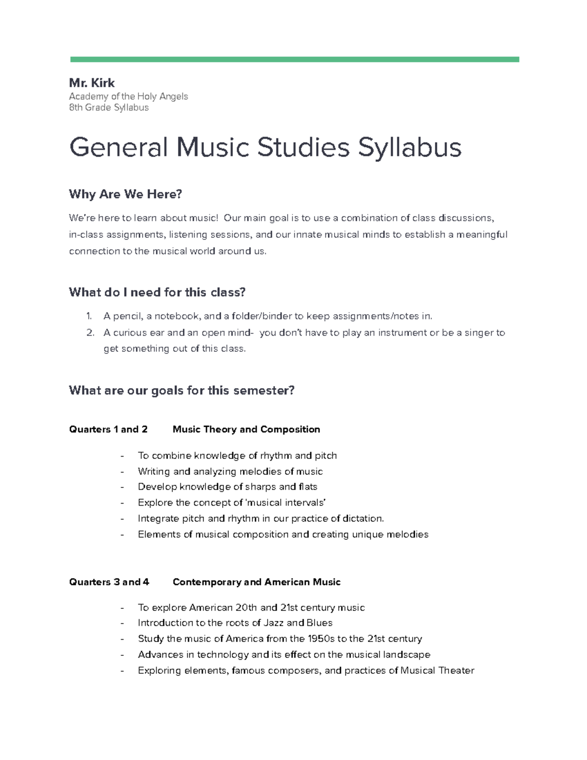 8th Grade General Music Studies Syllabus (MUS 101) - Updated 9/4 - Studocu