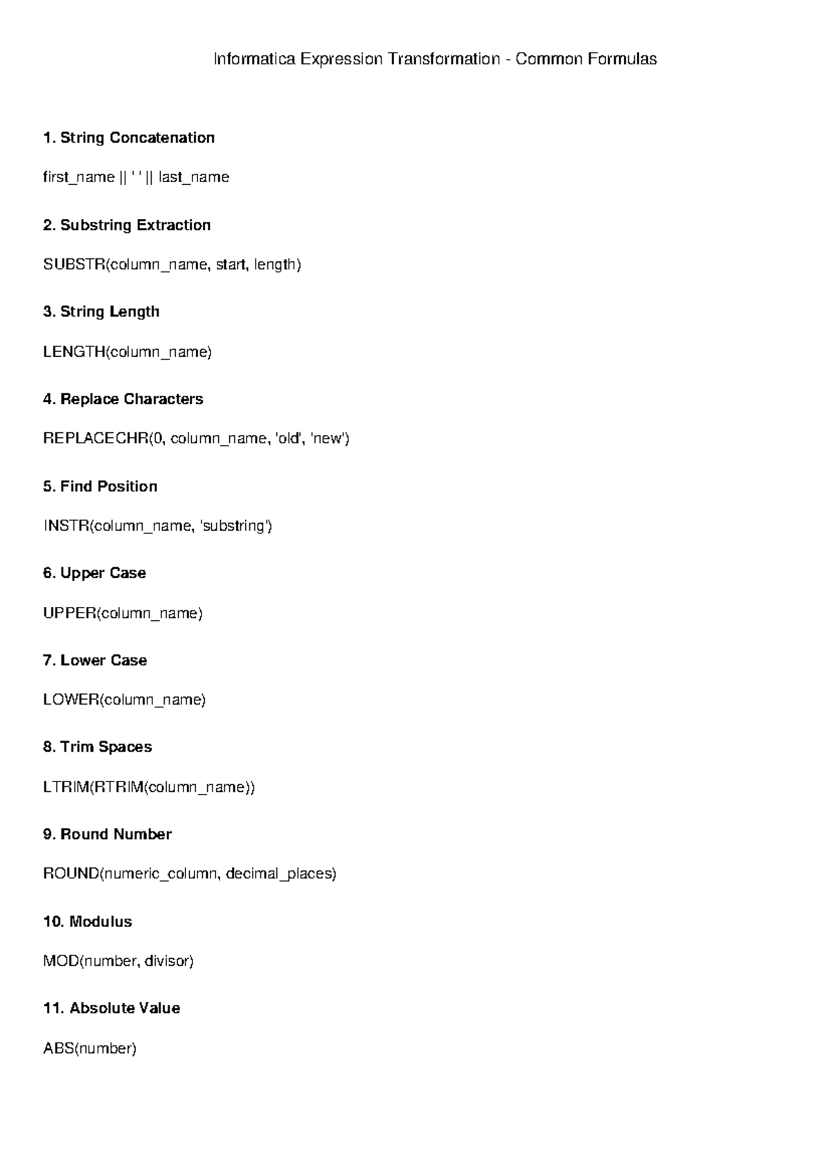Informatica Expression Transformation Formulas and Common Functions ...