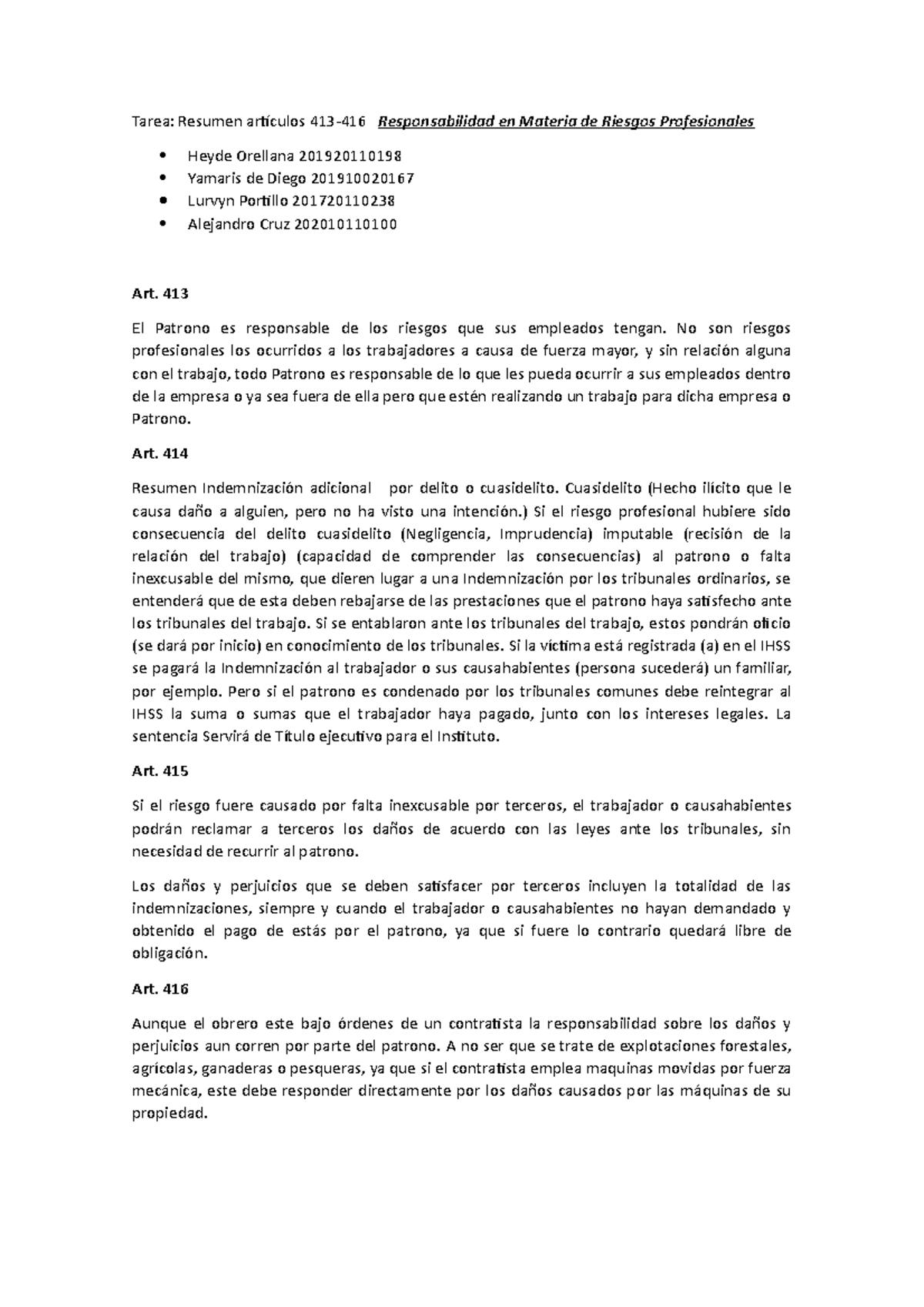 Tarea de Adm. RRHH II - FGHFGH - Tarea: Resumen artículos 413-416 Responsabilidad en Materia de ...