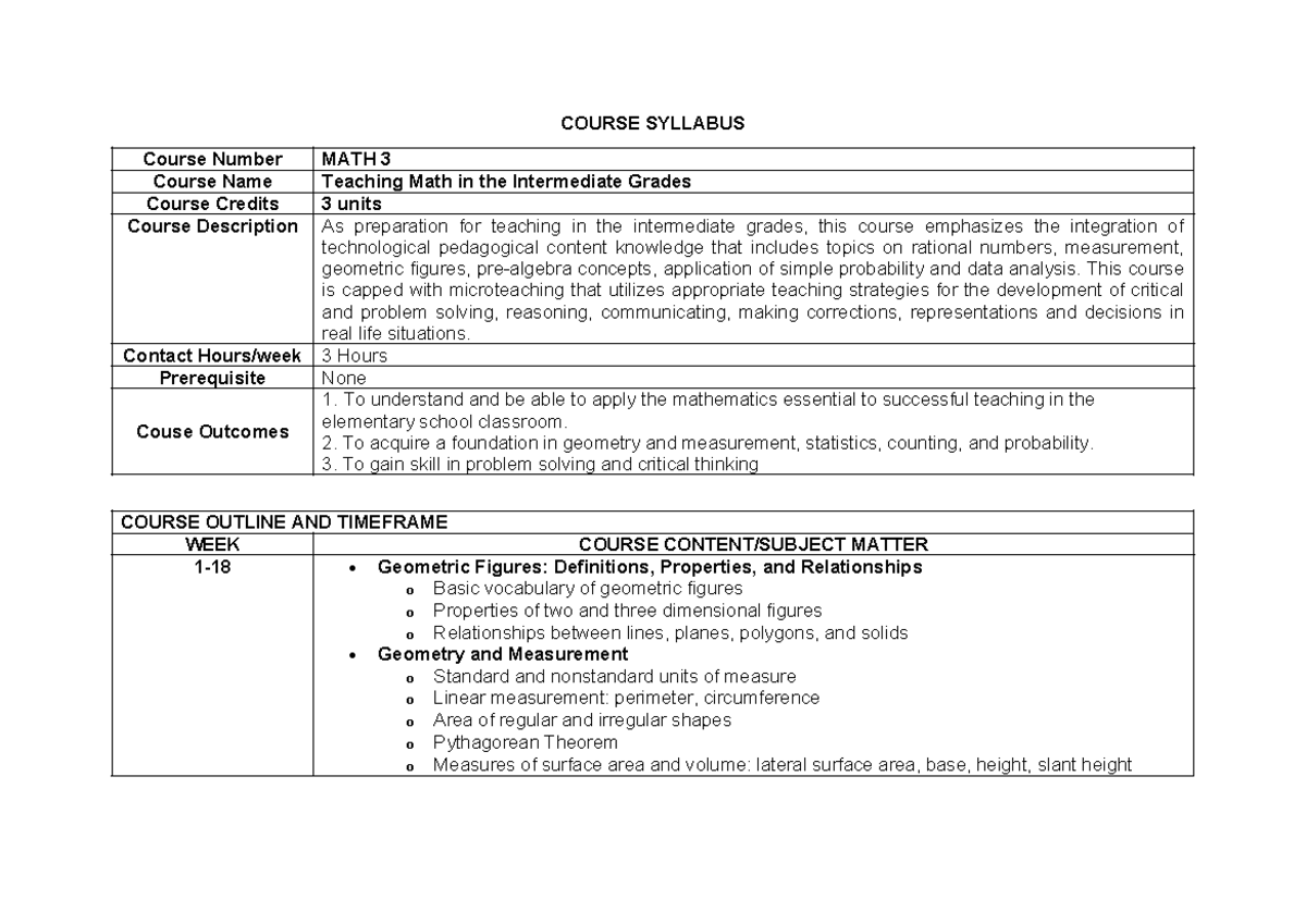 Course Syllabus: MATH 3 - Teaching Math in Intermediate Grades - Studocu