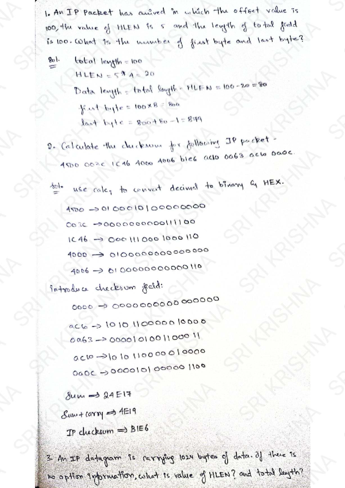 CN Problems Solved: IP Packet Analysis and Checksum Calculations - Studocu