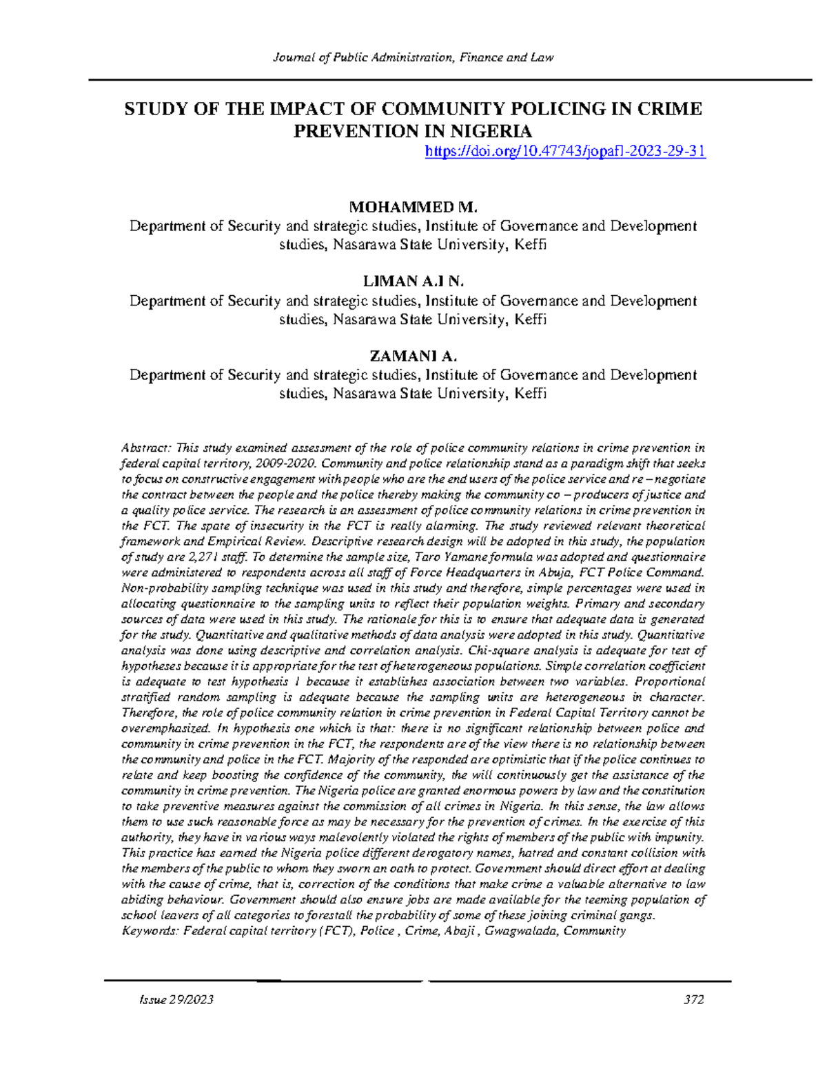 Study of the impact of community policing on crime prevention in FCT ...