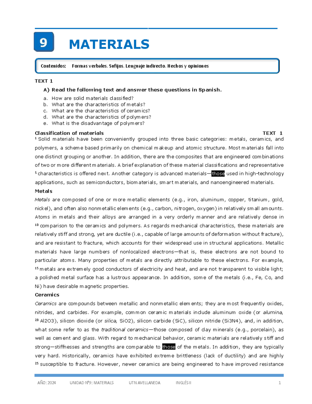 Unit 9 Materials: Classification and Properties of Solids - UTN Avellaneda - Studocu