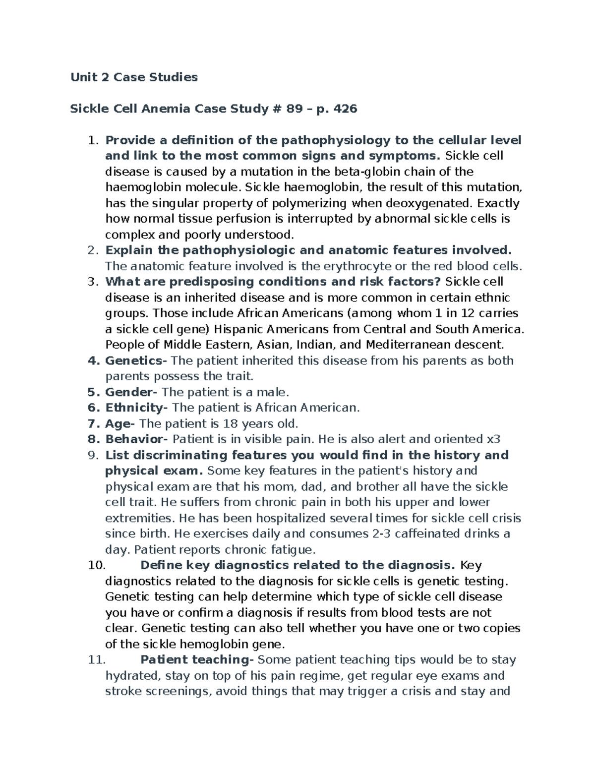 Unit 2 case studies - classwork notes - Unit 2 Case Studies Sickle Cell ...