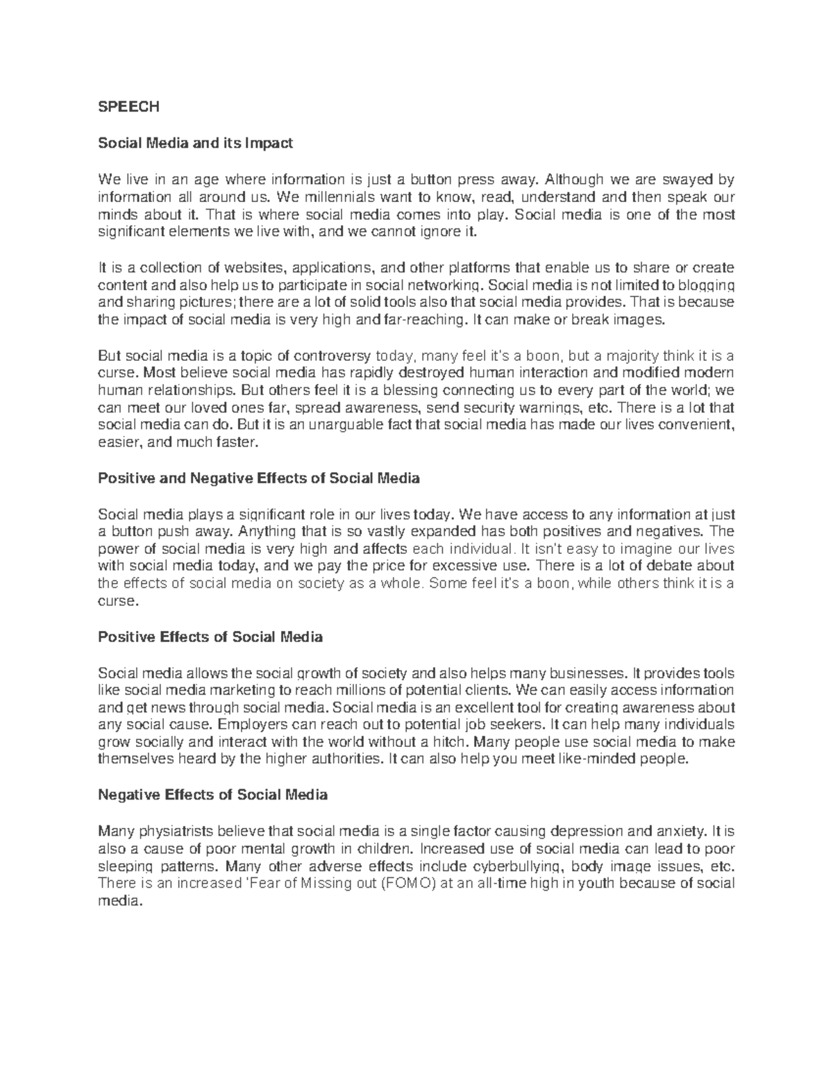 SPEECH: The Impact of Social Media on Society and Youth - Studocu