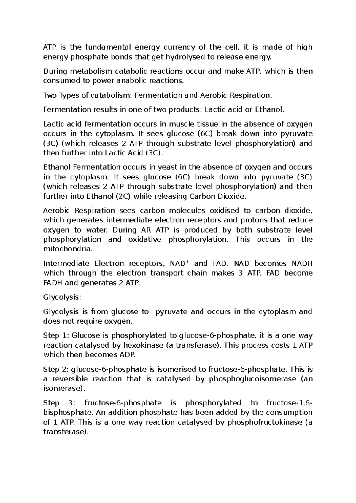 Glycolysis Notes: Understanding ATP Production and Metabolism - Studocu