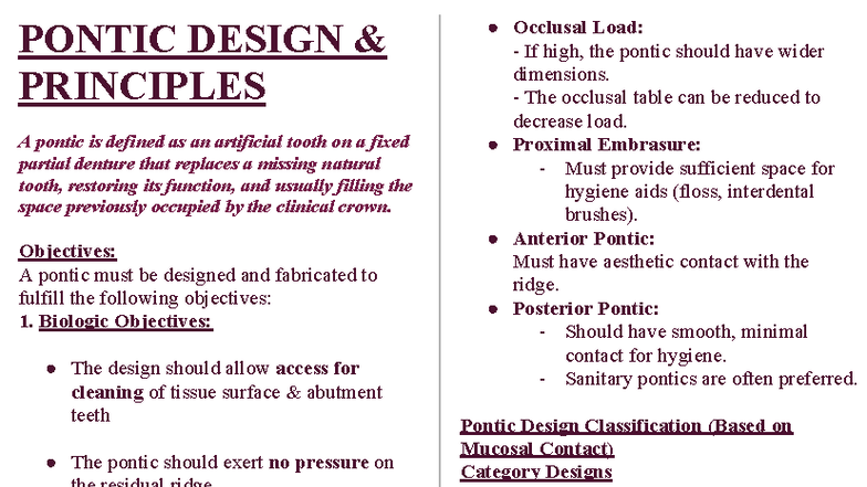 Pontic Notes - PONTIC DESIGN & PRINCIPLES A pontic is defined as an ...