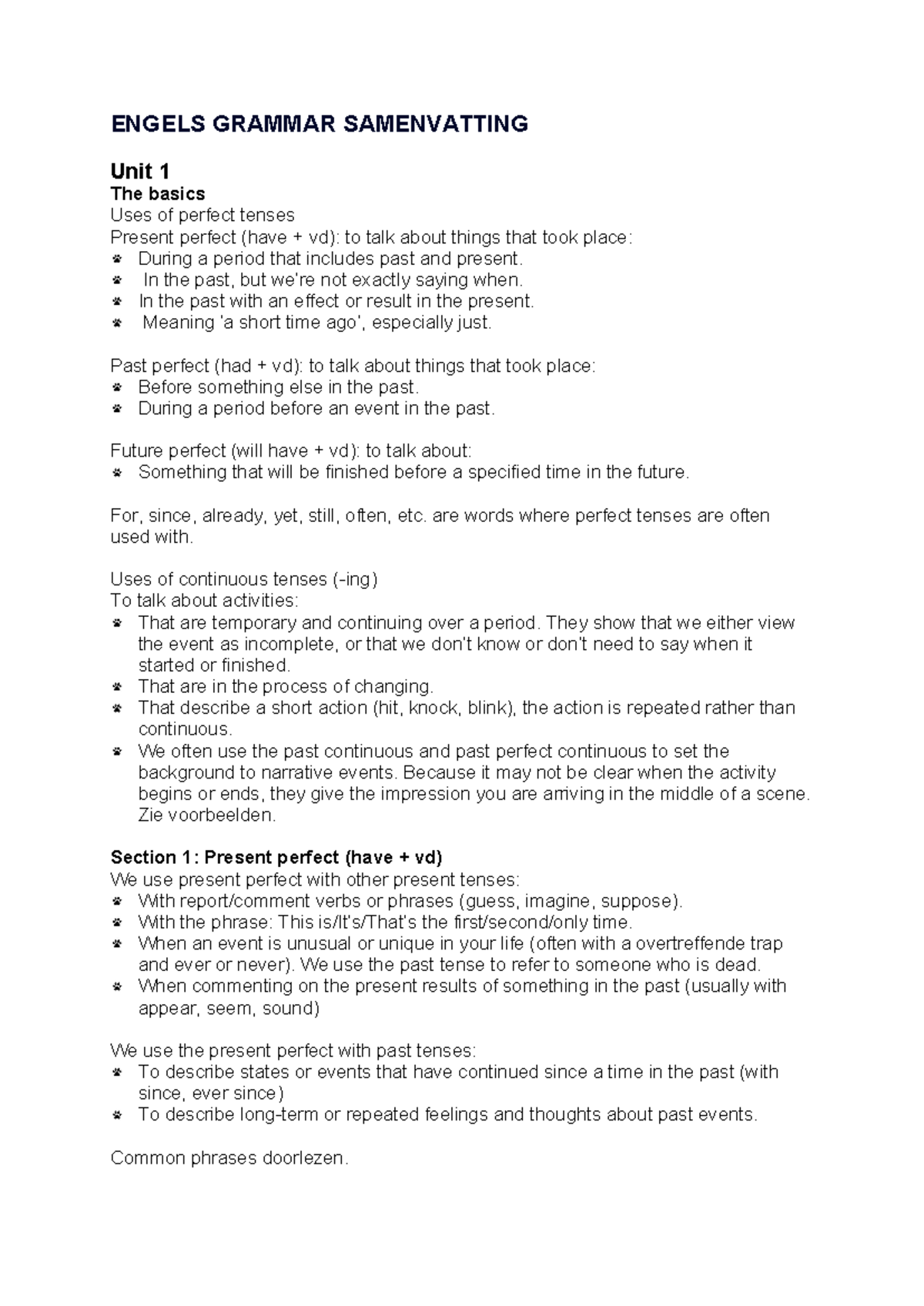 ENGELS GRAMMAR SAMENVATTING: Perfect & Continuous Tenses Overview ...