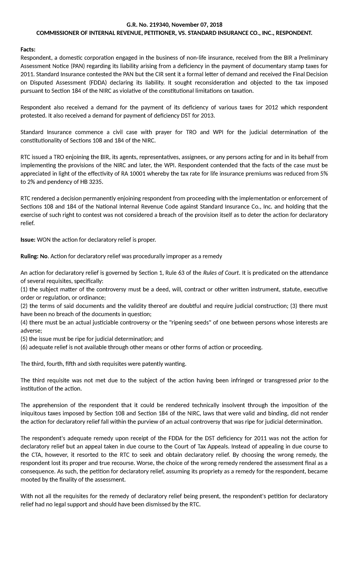 G.R. No. 219340: Declaratory Relief in Taxation Case Analysis - Studocu