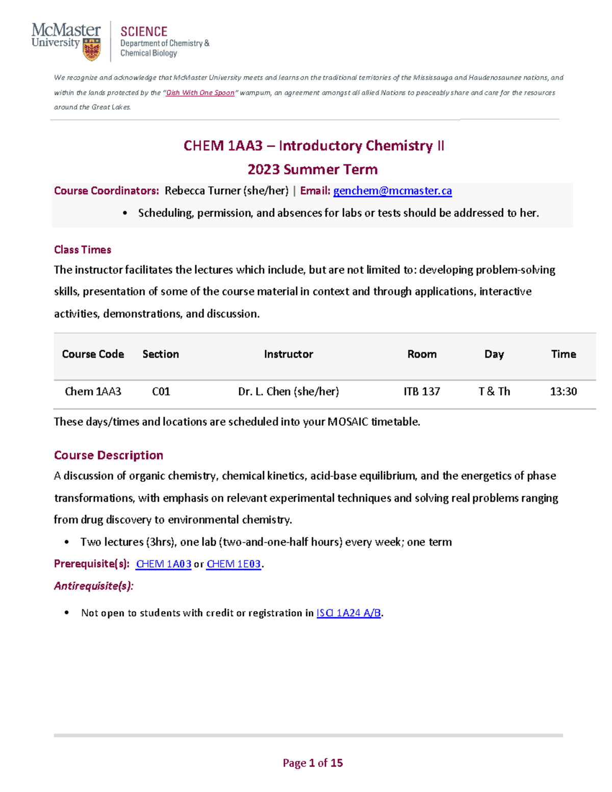 Chem 1AA3 Course Information Sheets - We recognize and acknowledge that ...