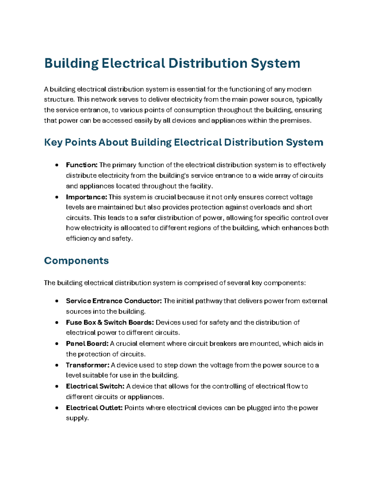 Building Electrical Distribution System - This network serves to ...