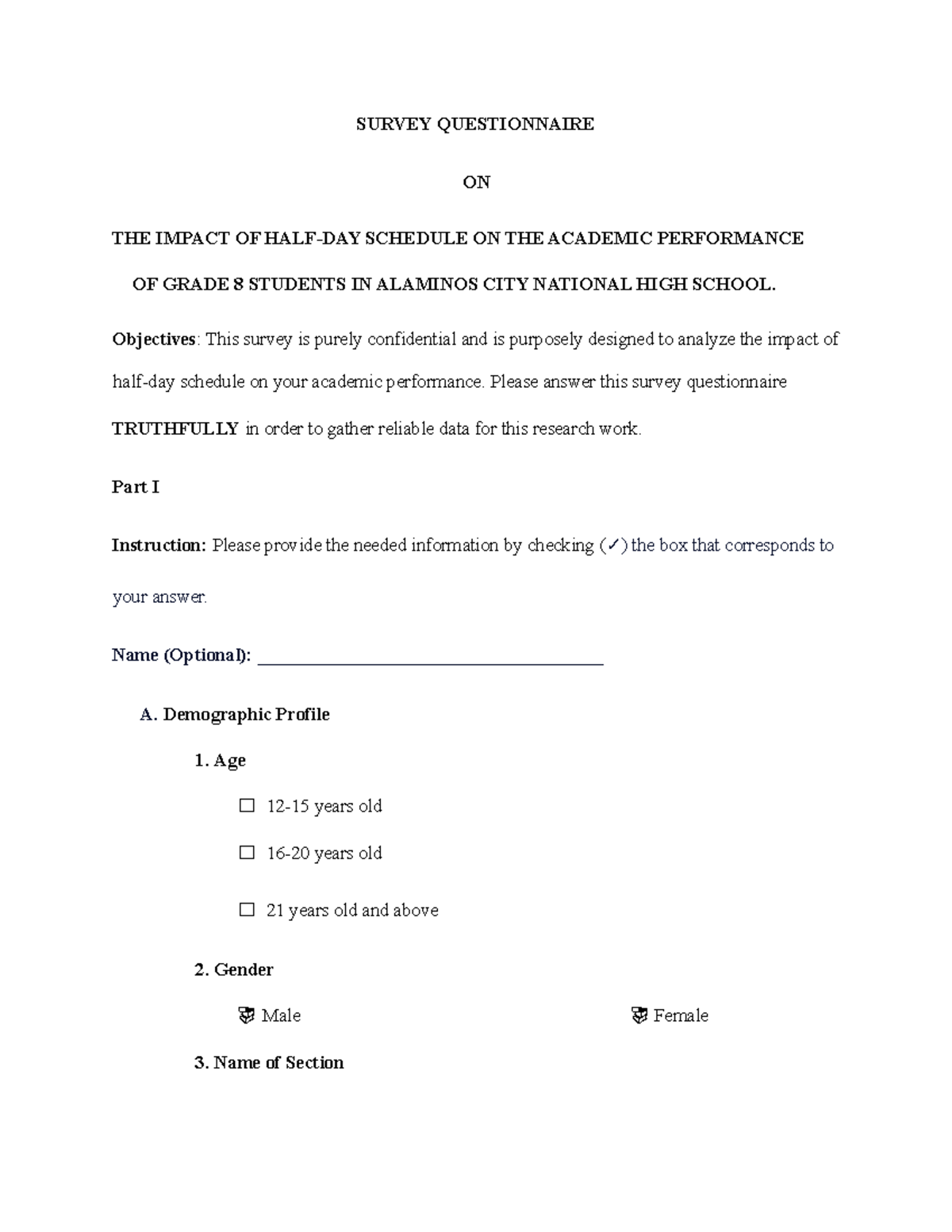 Survey Questionnaire on Half-Day Schedule Impact (Grade 8) - Studocu
