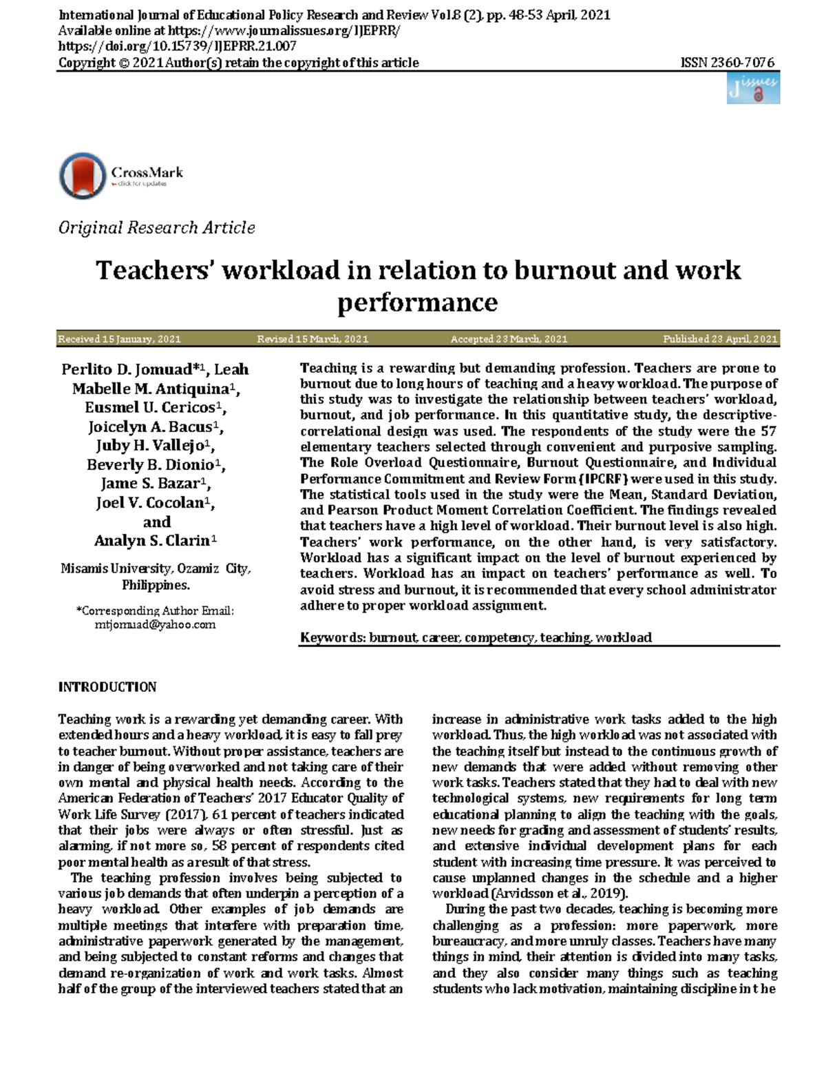 Teacher Workload Impact on Burnout and Performance in Edu 101 - Studocu