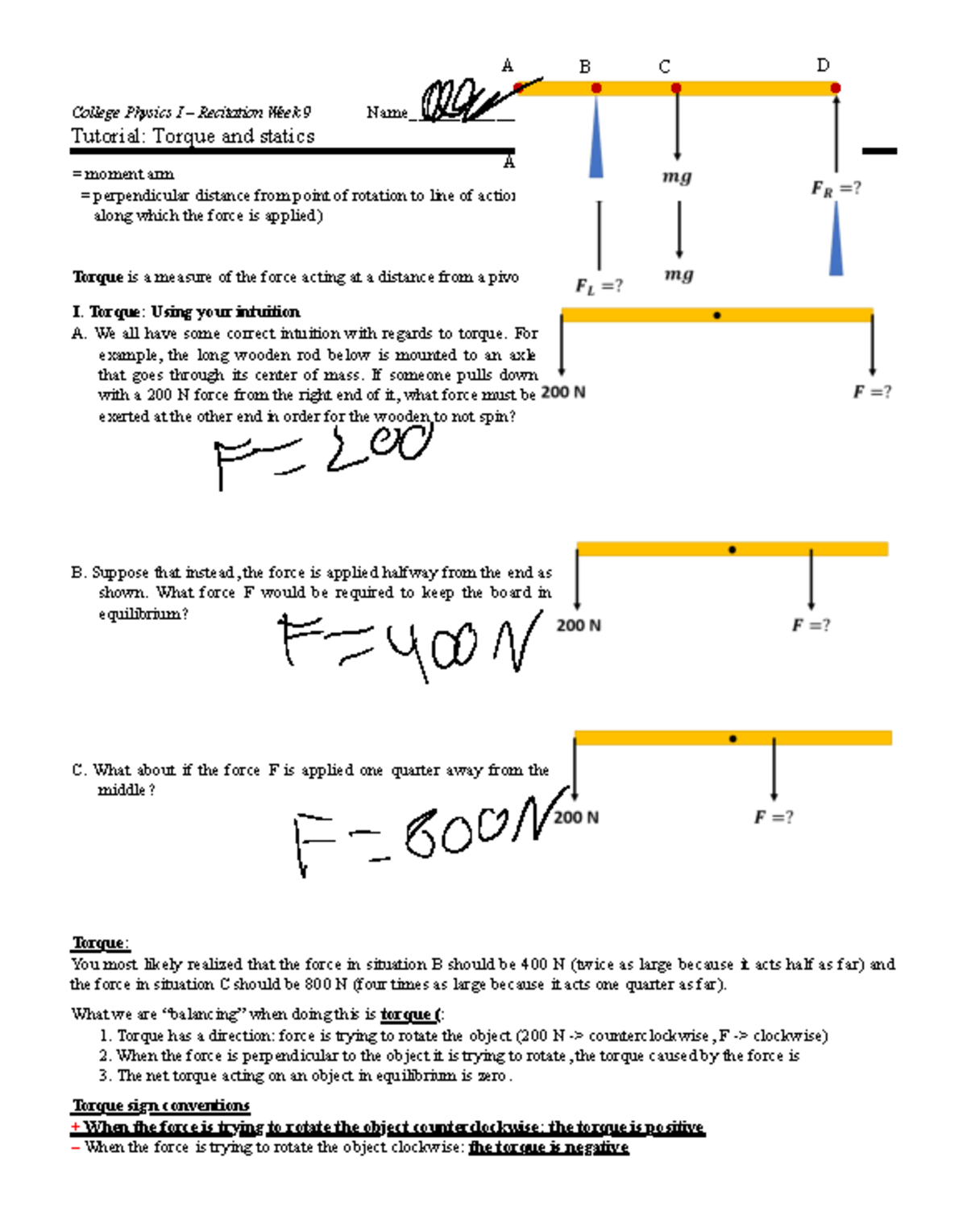 Physics I Recitation Week 9: Torque and Statics Tutorial - Studocu