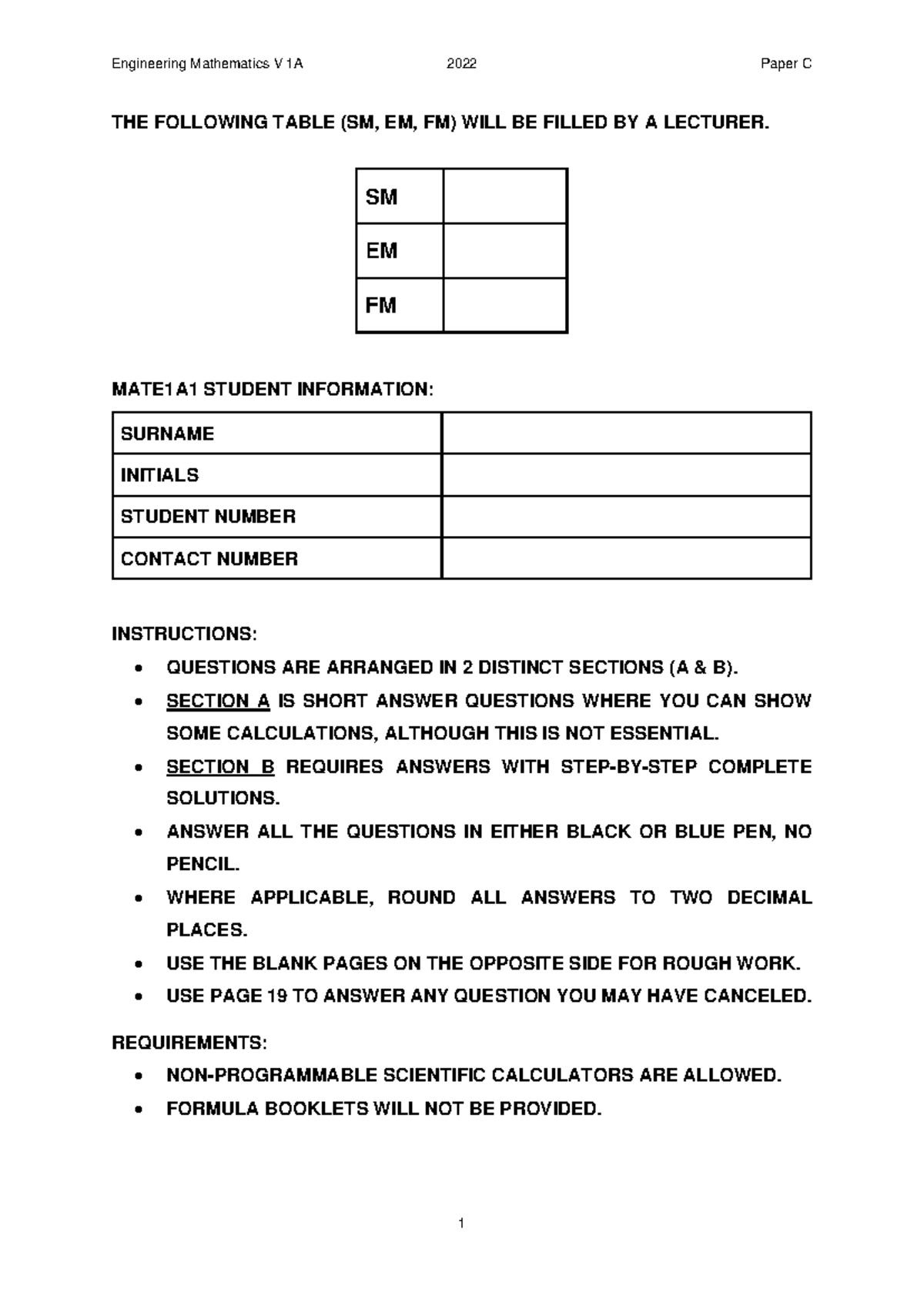 Engineering Mathematics V 1A 2022 Final Exam Paper C - Studocu