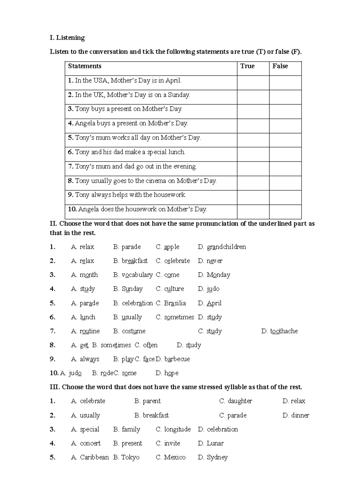 Listening Practice: True/False Statements and Pronunciation Exercises ...